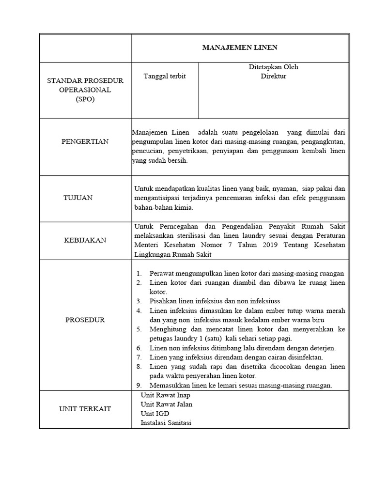 Spo Pengelolaan Linen Ppi | PDF | Griya & Taman