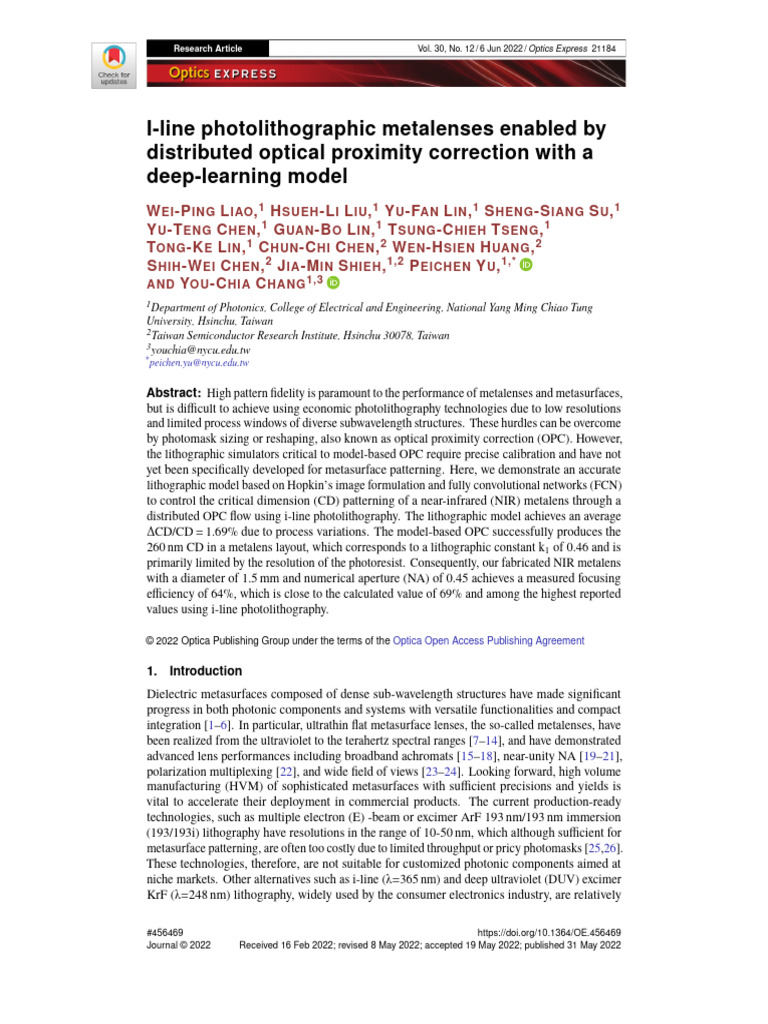 I-Line Photolithographic Metalenses Enabled by Distributed Optical ...