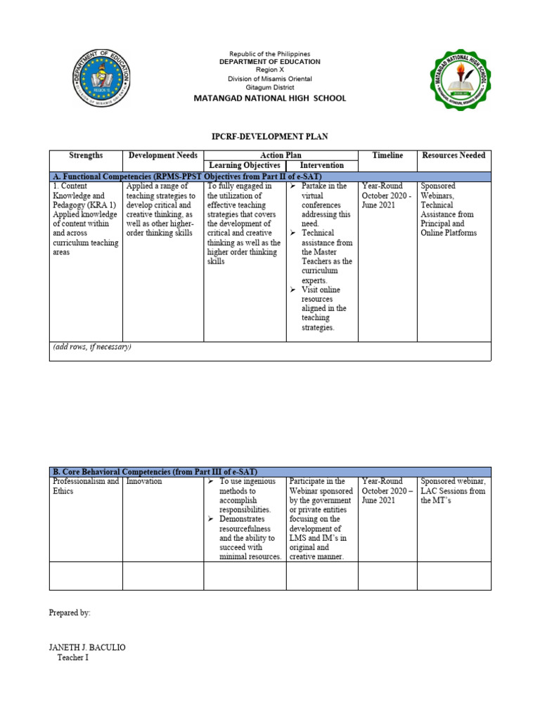 Ipcrf-Development Plan | Download Free PDF | Teachers | Teaching