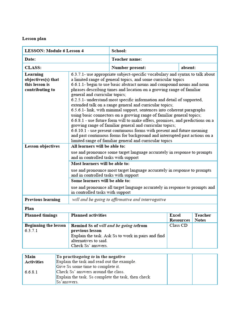 Future Tenses and Vocabulary Lesson Plan | PDF | Learning | Second Language