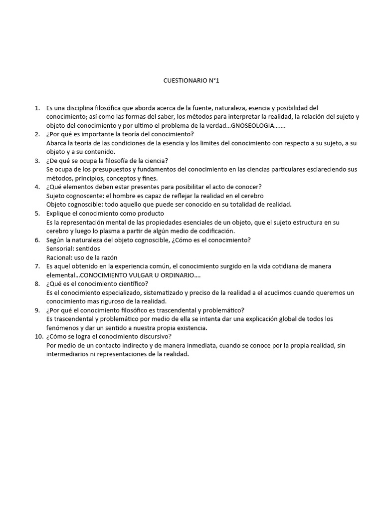 Filosofia Cuestionario 1 y 2 | PDF | Conocimiento | Science