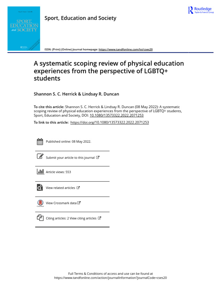 A Systematic Scoping Review of Physical Education Experiences From The Perspective of LGBTQ ...