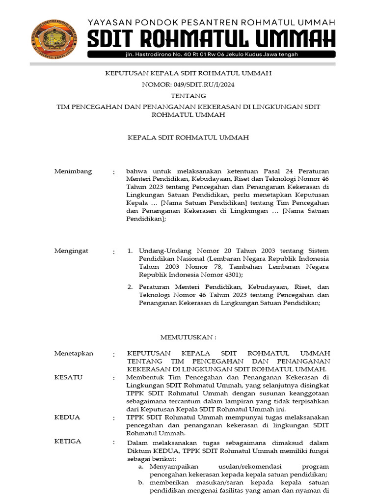 Lampiran 2 - Contoh SK Kepala Satuan Pendidikan Pembentukan TPPK (File ...