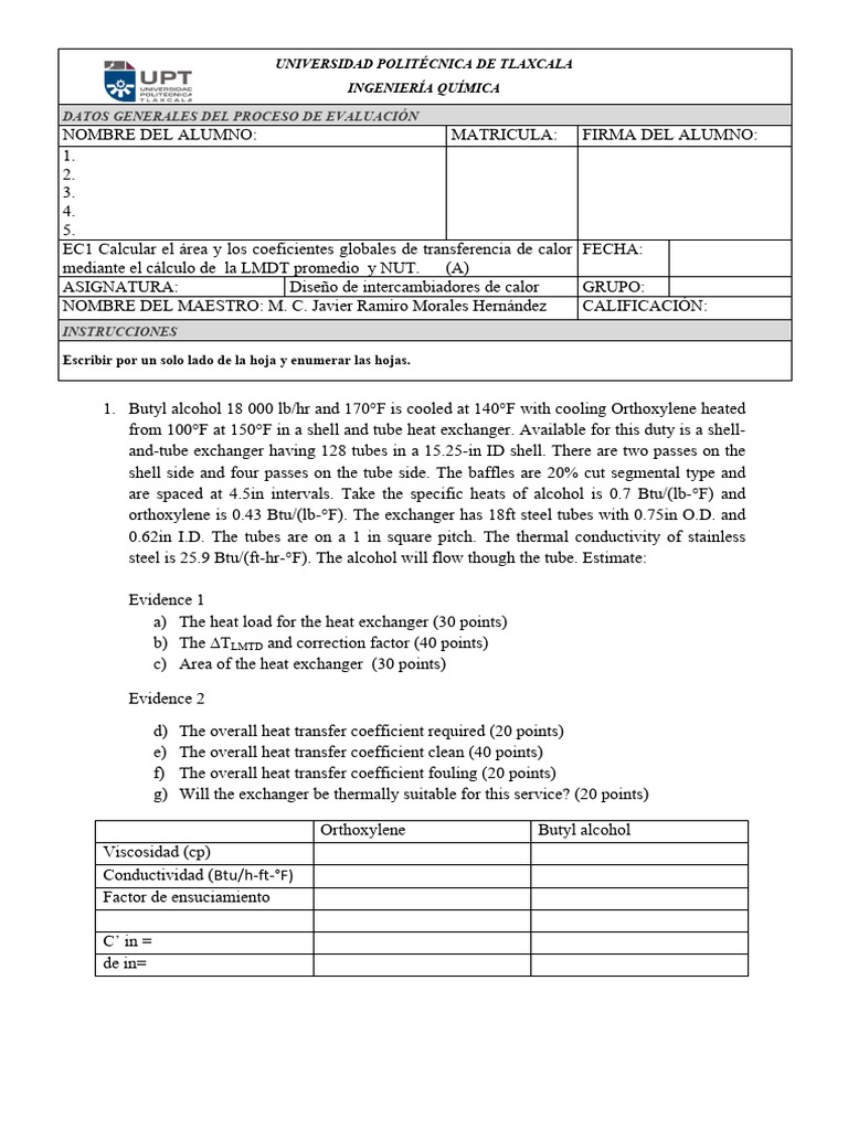EC1 Calcular El Área y Los Coeficientes Globales de Transferencia de ...
