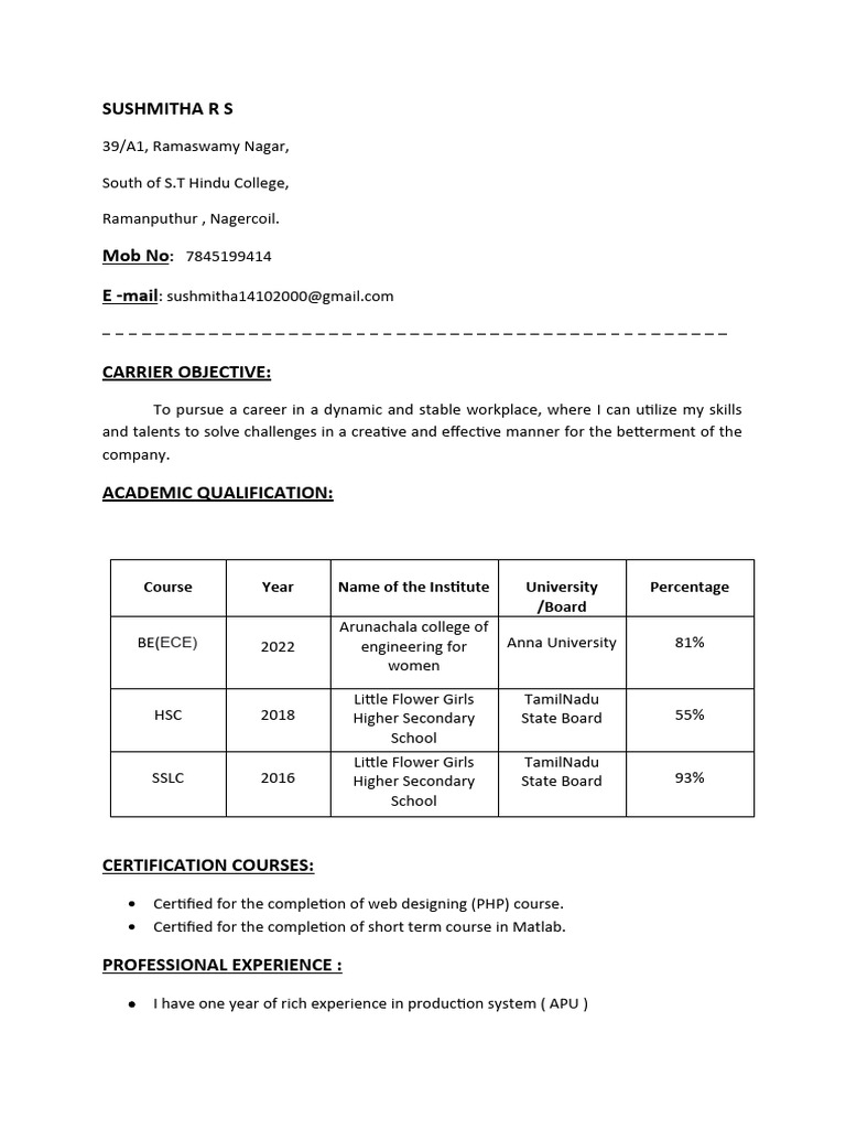 Sushmitha R S Resume | PDF | Computing
