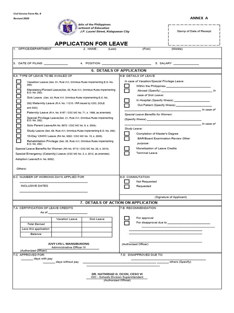 (CS Form 6) Leave Form r2020 | PDF