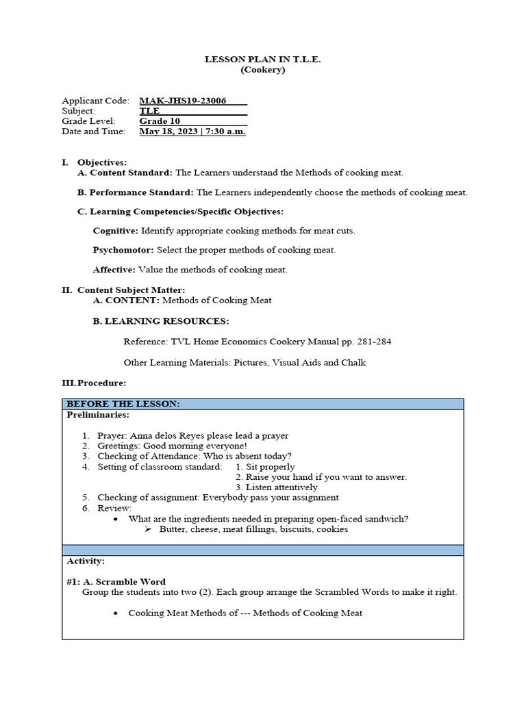 Lesson Plan in TLE | PDF | Cooking | Grilling