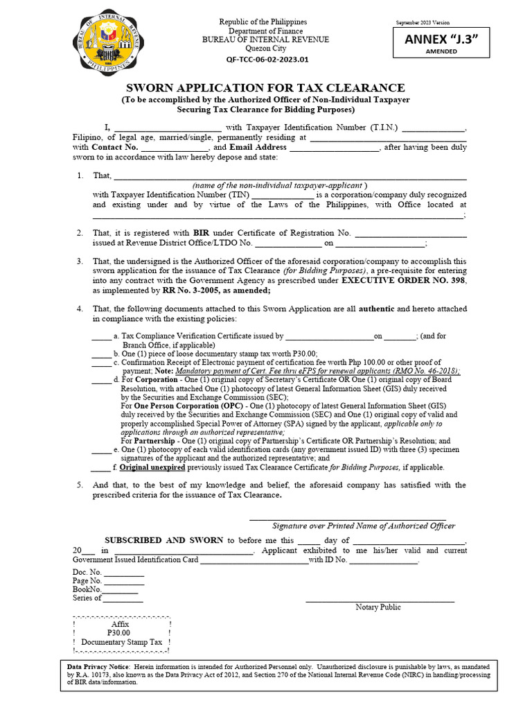 Sworn Application For Tax Clearance For Bidding Purposes Non-Individual ...