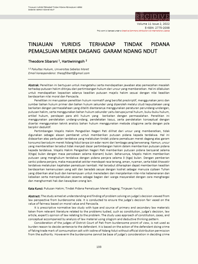 Tinjauan Yuridis Terhadap Tindak Pidana Pemalsuan Merek Dagang Garam Ndang Ndut | PDF