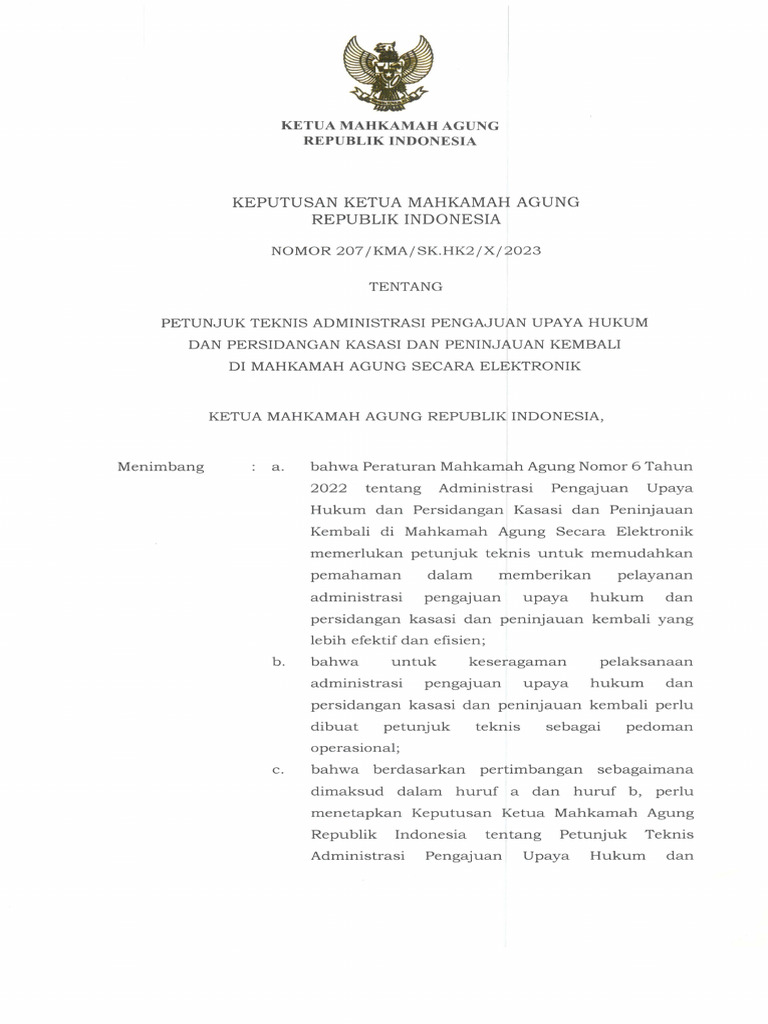 SK KMA NOMOR 207 - KMA - SK - hk2 - X - 2023 - Kasasi Dan Peninjauan Kembali Secara Elektronik | PDF