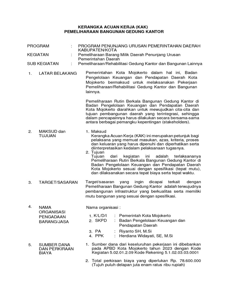 KAK Pemeliharaan Gedung BPKPD | PDF