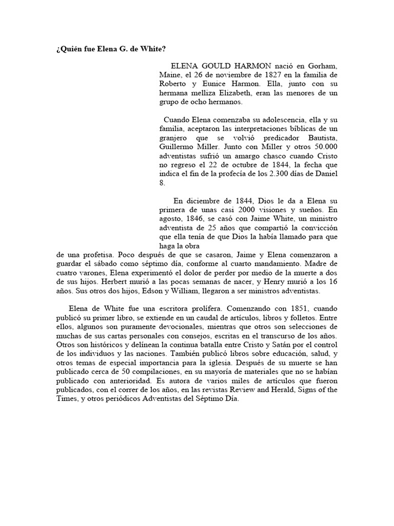 Vida y legado de Elena G. de White | PDF | Iglesia Adventista del ...