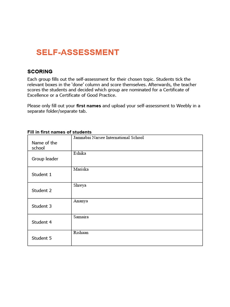 Self Assessment Sheet 2023-24 gr1 | PDF | Cognition | Human Communication