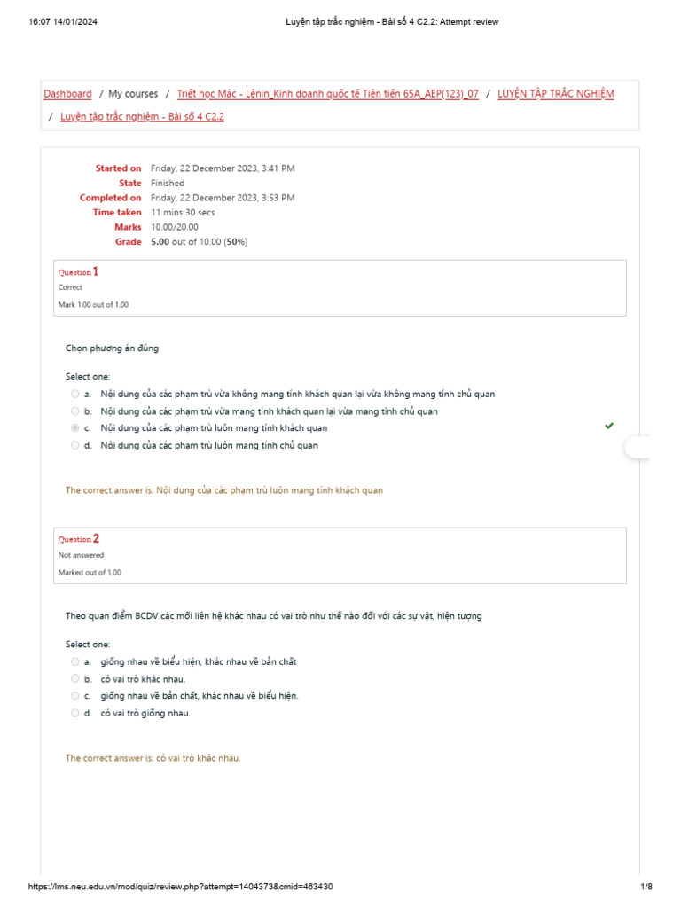 Luyện tập trắc nghiệm - Bài số 4 C2.2 - Attempt review | PDF
