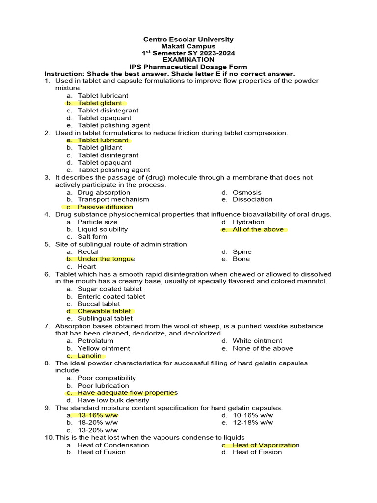 IPS Pharmaceutical Dosage Exam 2023 | PDF | Tablet (Pharmacy ...