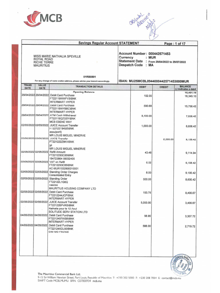 Mauritius Bank Statement | PDF