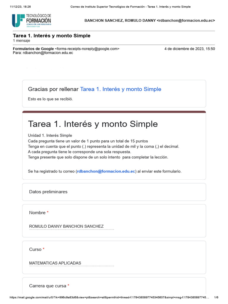 Correo de Instituto Superior Tecnológico de Formación - Tarea 1. Interés y Monto Simple ...