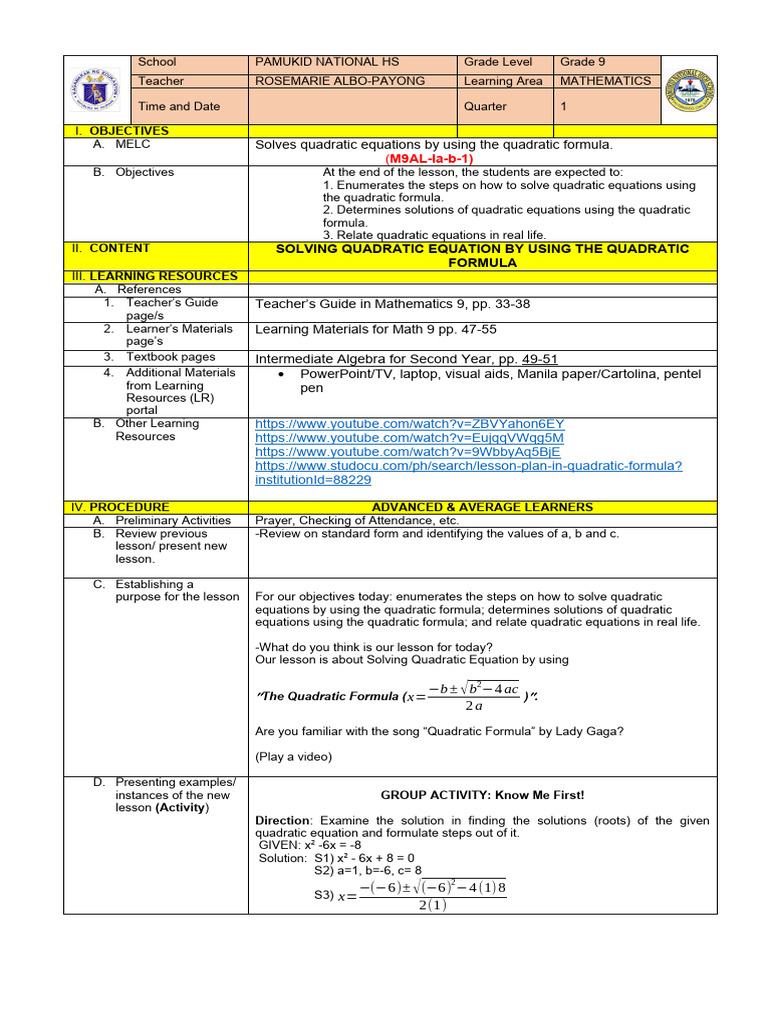 Solving Quadratic Equation by Using The Quadratic Formula: (M9AL-Ia-b-1 ...