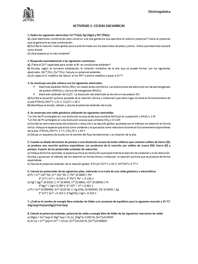 Actividad2 CeldasGalvanicas | PDF | Redox | Electrodo