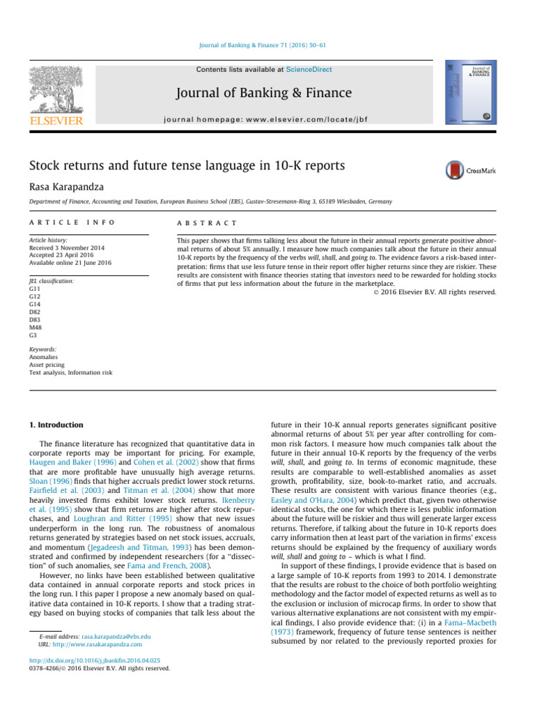 Karapandza (2016) Stock Returns and Future Tense Language in 10-K Reports | PDF | Stocks ...