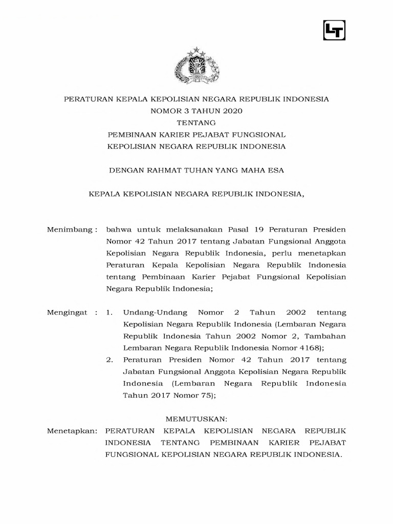 Perkap Nomor 3 Tahun 2020 Tentang Pembinaan Kairer Jabatan Fungsional ...