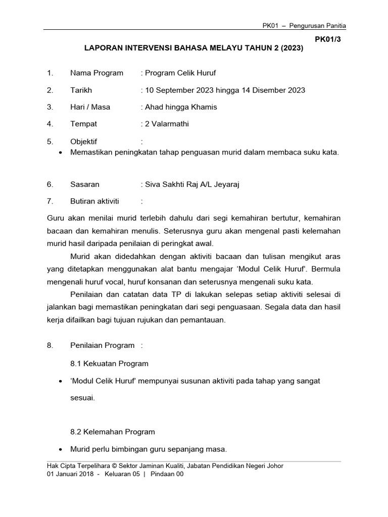 Contoh Laporan Intervensi | PDF