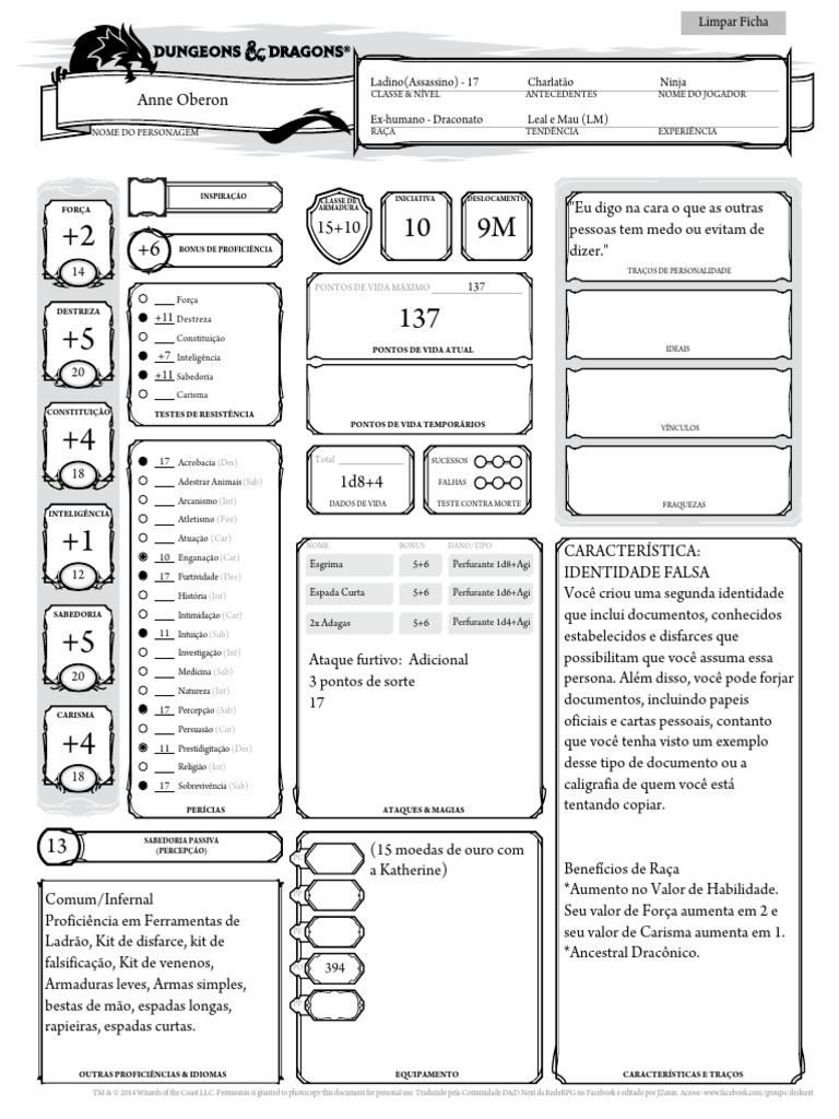 Anne Oberon - Ficha Atualizada | PDF | Dungeons & Dragons (jogo)