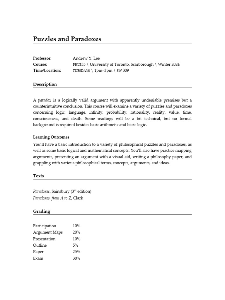 Puzzles and Paradoxes W24 Syllabus | PDF