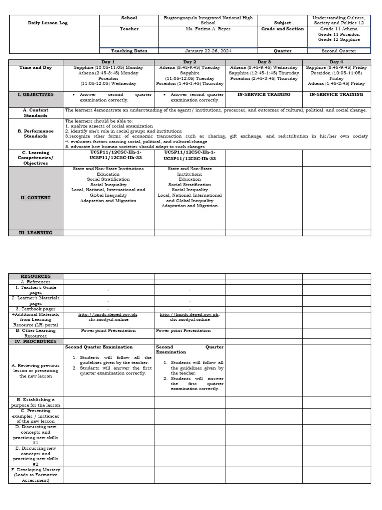 DLL - G12 - UCSP - January 22-26, 2024 | PDF | Learning | Teachers