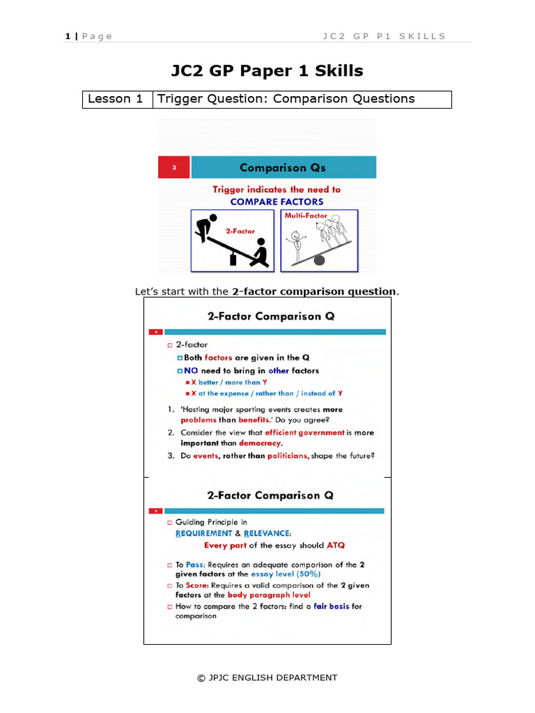 JC2 GP Paper 1 Skills Notes For Students - Comparison Qs | PDF