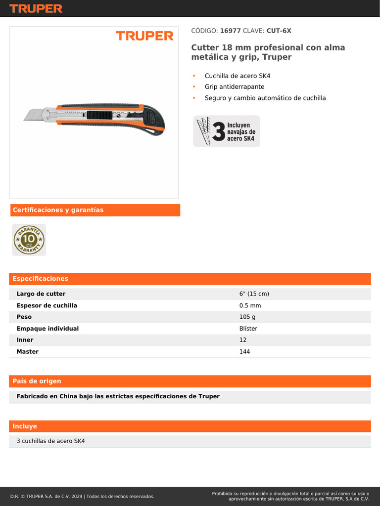 Cutter 18 MM Profesional Con Alma Metálica y Grip, Truper | PDF