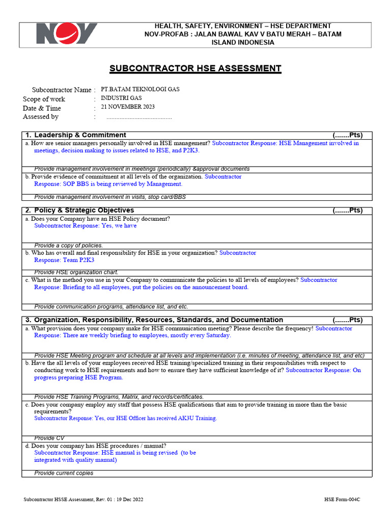 Subcontractor HSSE Assessment & Questioner - HSE Form | Download Free ...