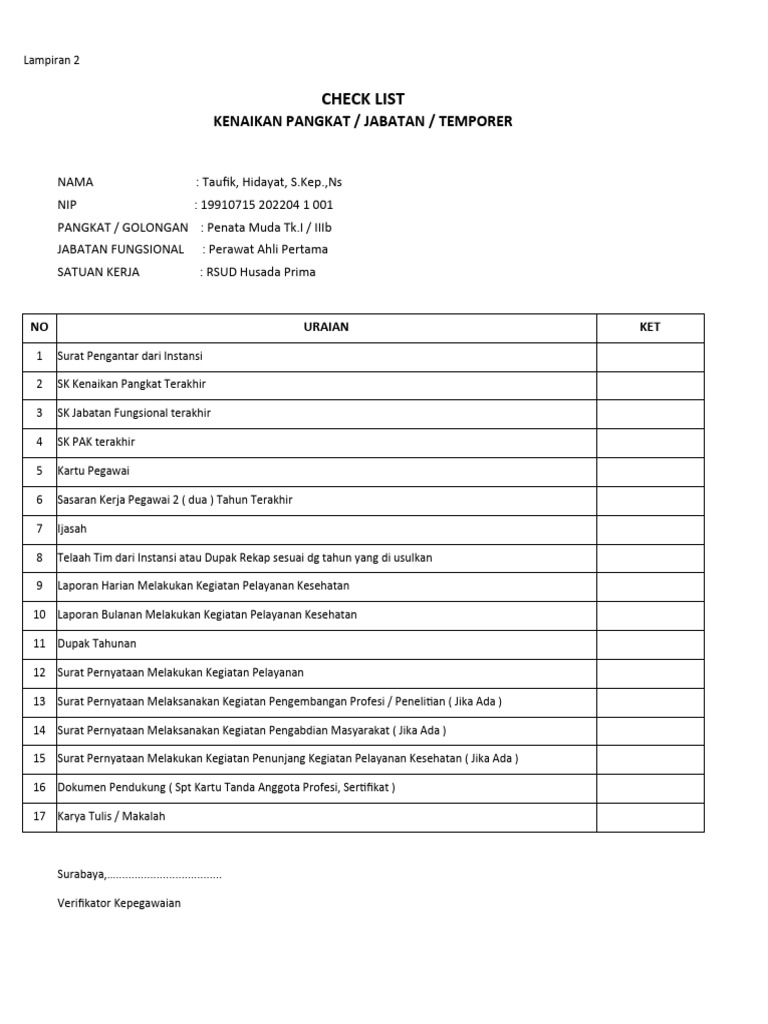 Ceklist Naik Pangkat Contoh | PDF | Karier & Perkembangan