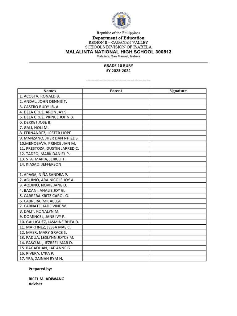 Grade 10 Ruby Attendance Sheet | PDF