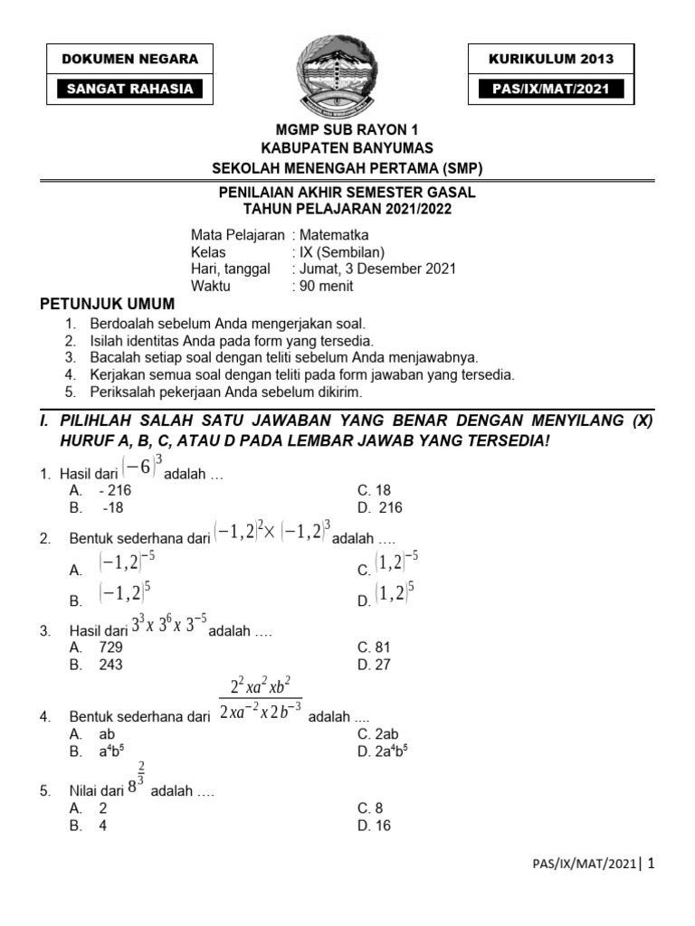 Soal PAS MGMP MTK 9 2021 EDIT | PDF