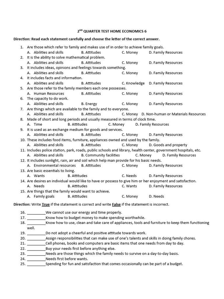2ND Quarter Test Home Economics 6 | PDF | Resource | Economics