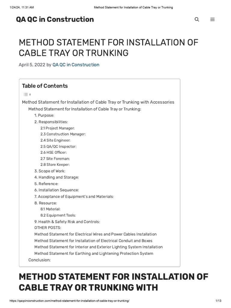 Method Statement For Installation of Cable Tray or Trunking | PDF ...