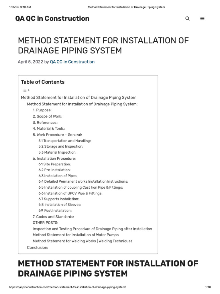 Method Statement For Installation of Drainage Piping System | PDF | Plumbing | Pipe (Fluid ...