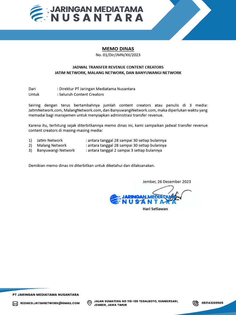 01-MEMO DINAS Jadwal Transfer Revenue | PDF