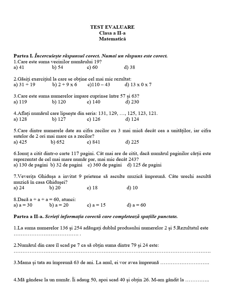 Test Evaluare Matematica Clasa A II A | PDF