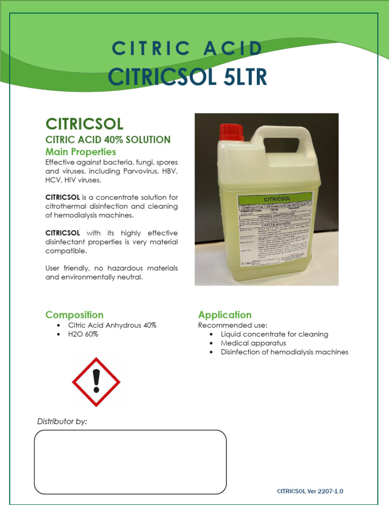 Citric Acid 40% Disinfectant Solution | PDF