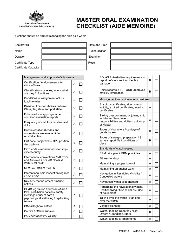 AMSA Master Oral Exam Checklist | PDF | Anchor | Ships