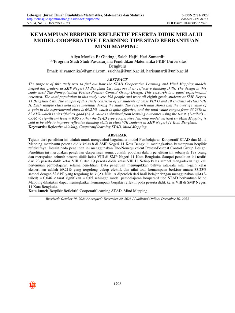 Kemampuan Berpikir Reflektif Peserta Didik Melalui Model Cooperative Learning Tipe Stad ...