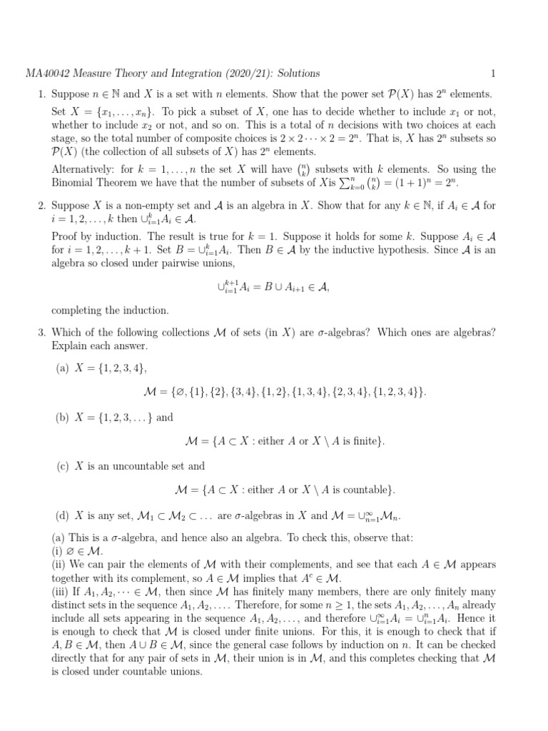 Measure Theory Solutions: Power Sets & Algebras | PDF | Measure ...