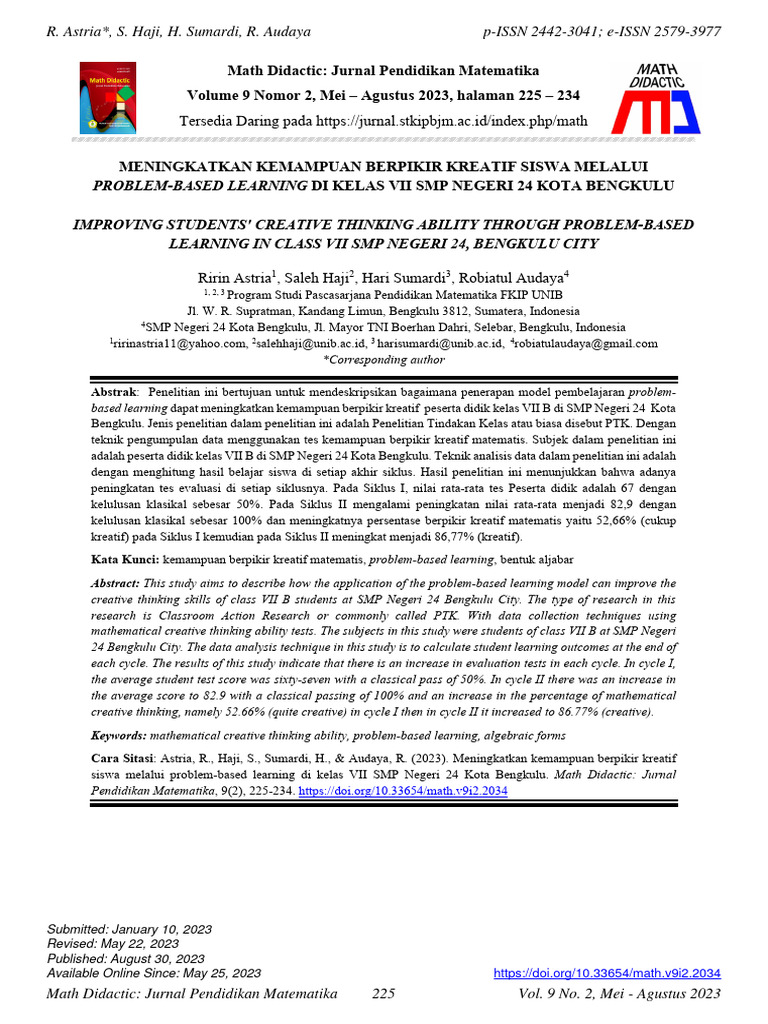 Meningkatkan Kemampuan Berpikir Kreatif Siswa Melalui Problem-Based Learning Di Kelas Vii SMP ...