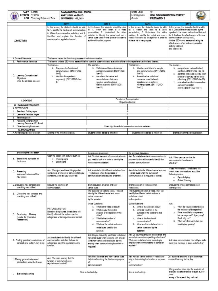 Oral Comm DLL q1 Wk2 | PDF | Communication | Nonverbal Communication Oral Comm DLL q1 Wk2 | PDF | Communication | Nonverbal Communication