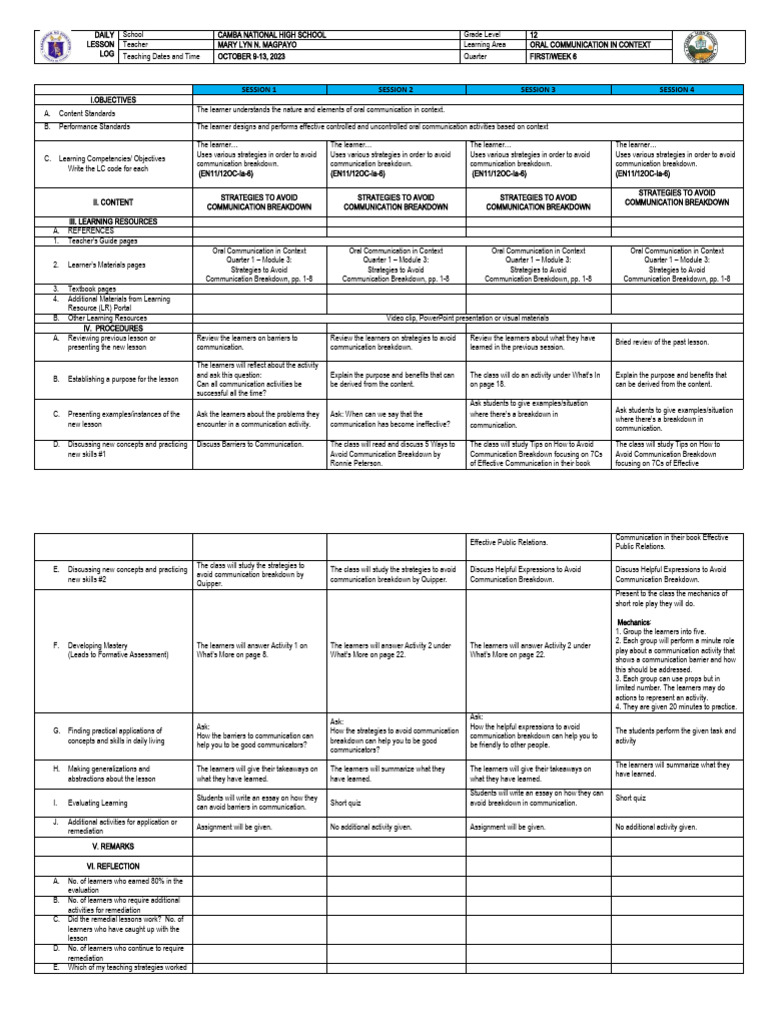 Oral Comm DLL q1 Wk6 | PDF | Learning | Communication