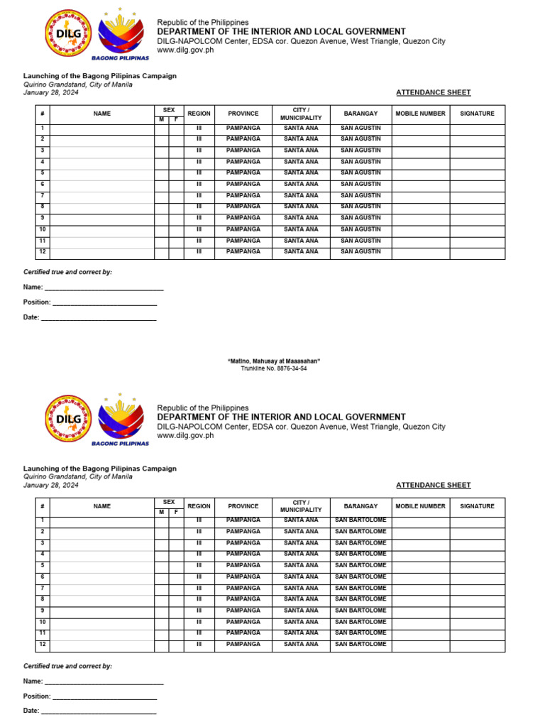 Attendance Sheet Bagong Pilipinas 14 BRGYS | PDF | Manila | International Relations