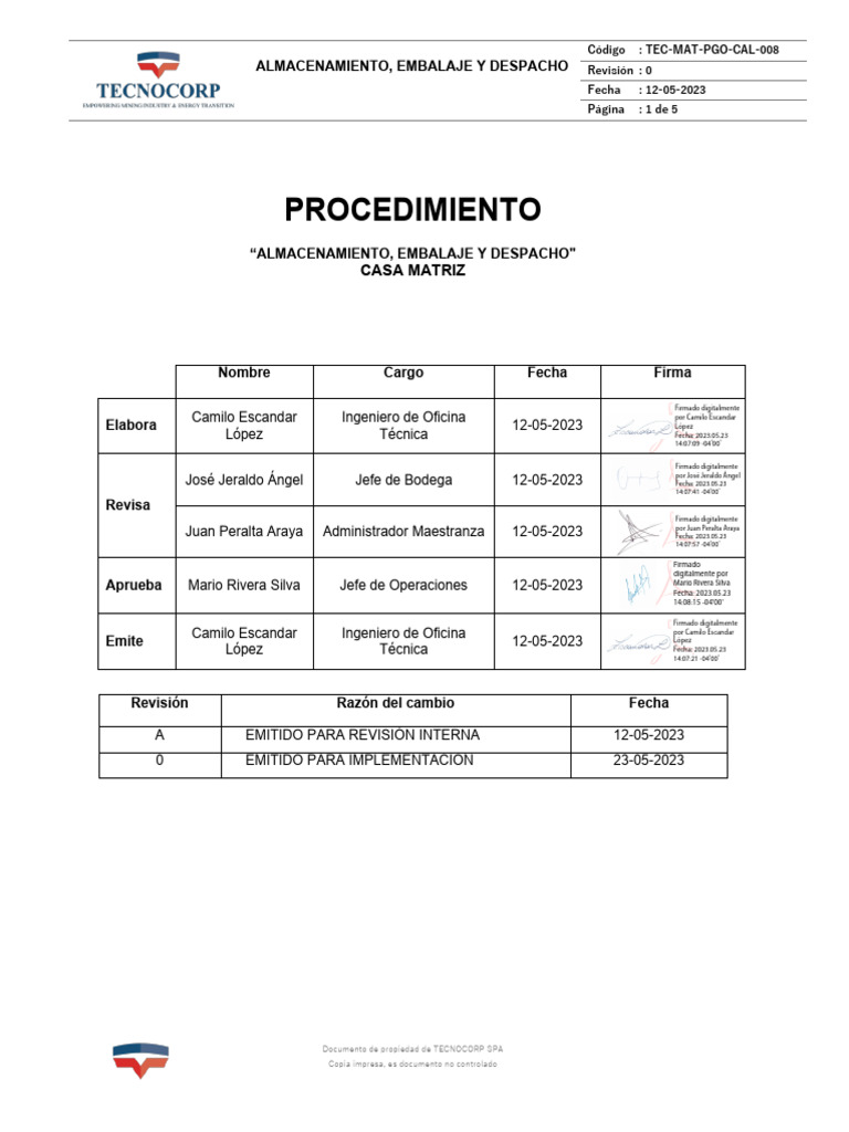 TEC MAT PGO CAL 008 Proc. Almacenamiento Embalaje y Despacho | PDF | Business | Almacén