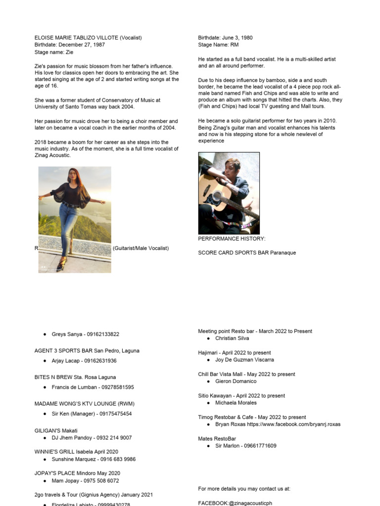 Zinag Acoustic Profile (Duo) | PDF | Singing | Musicians